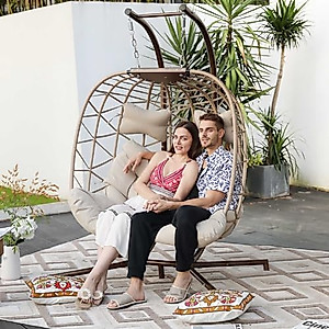 NICESOUL® Double Swing Egg Chair with Stand Large 2 Person Indoor Outdoor Wicker Patio Twins Basket Hanging Chair with Beige Cushions 510 Lbs Capaticy for Bedroom Balcony Oversized