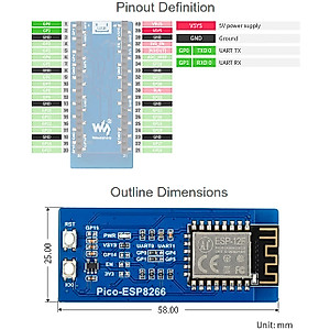 ESP8266 WiFi Module for Raspberry Pi Pico, WiFi Expansion Module Controlled via UART at Command, Support TCP/UDP Protocol,STA, AP, and STA+AP Three WiFi Operating Modes