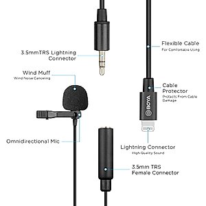 BOYA by-M2 Lavalier Microphone for iPhone(19.6ft),iPhone Microphone for Video Recording MFi-Certified with Clip & Winfoam (48KHz/24 Bit) for Lightning Devices