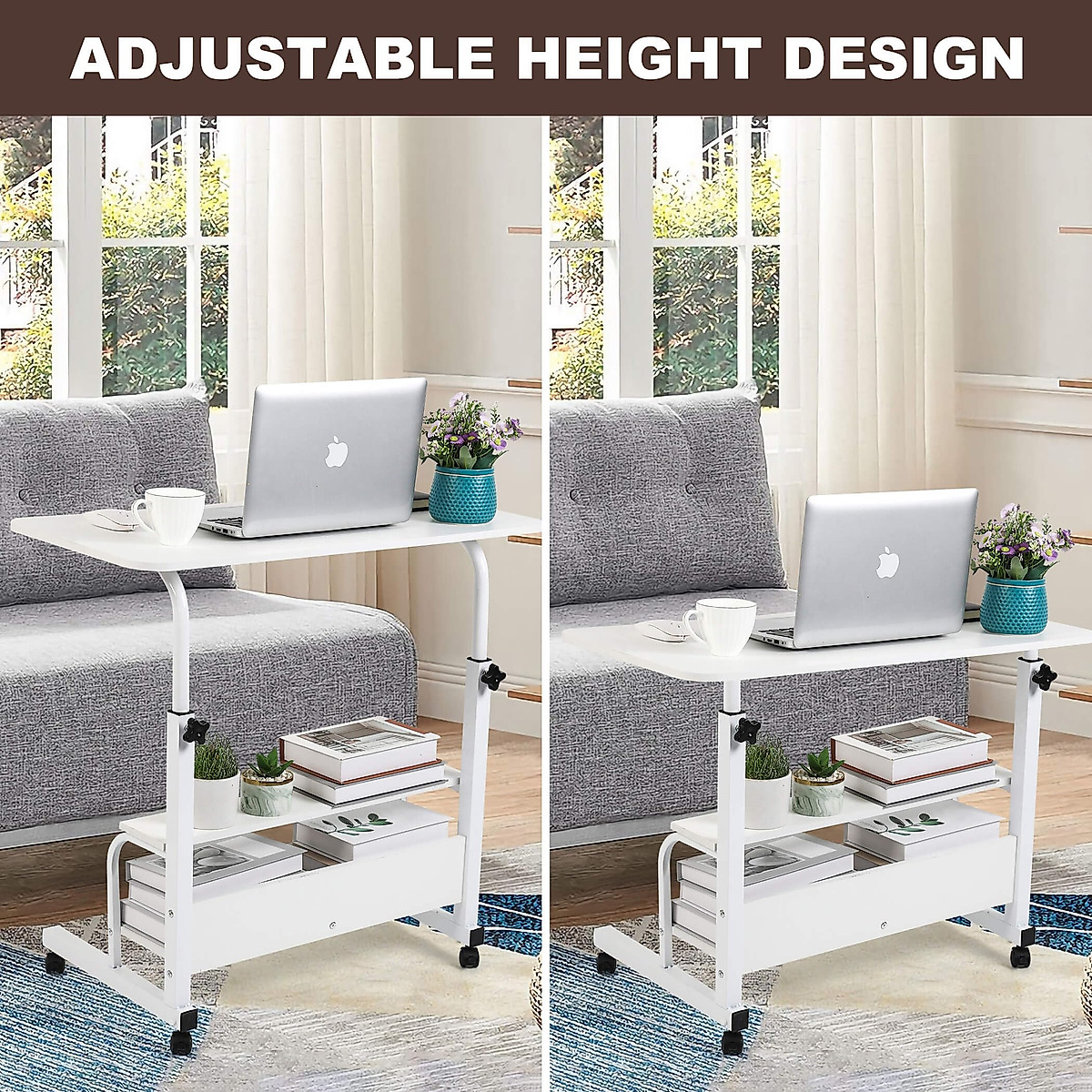 Raathionty Adjustable Home Office Desk Portable Study Computer Rolling Desk for Small Spaces Movable Sofa Side Table on Wheels Student Small Laptop Desk with Storage White Size 31x16 Inch