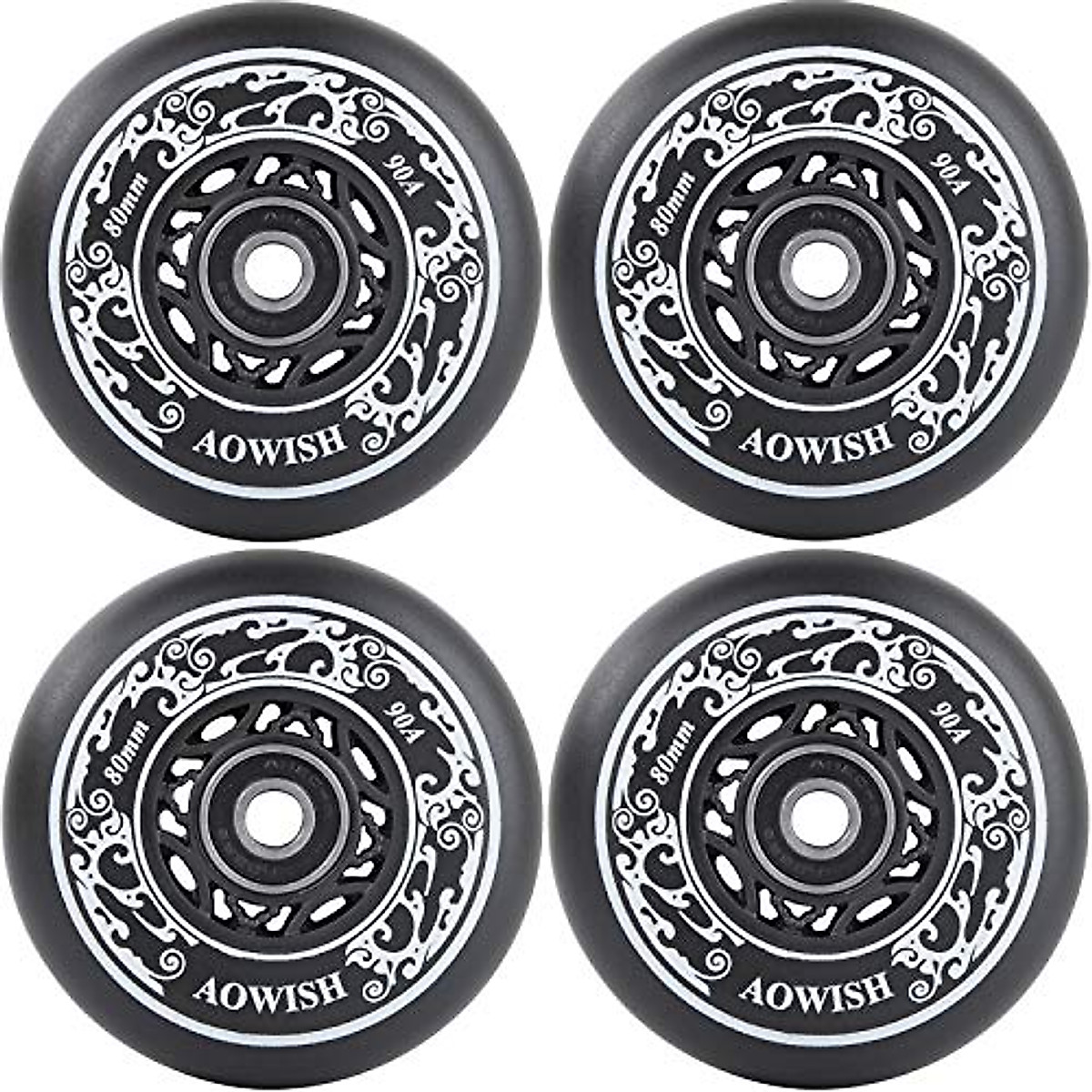 AOWISH 4-Pack Inline Skate Wheels Outdoor Asphalt Formula 90A Aggressive Blades Roller Skates Replacement Wheels with Speed Bearings ABEC 9 and Floating Spacers (Black, 80mm)