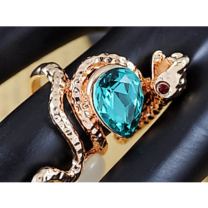 Rose Golden Tone Blue Teardrop Rhinestone Enhanced Slither Snake Statement Ring