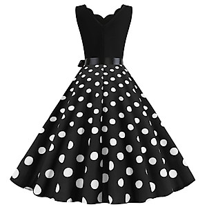 Keiqueen Women's Vintage Polka Dot Dress V Neck Sleeveless Retro Cocktail A-line Dress Prom Swing Party Dresses with Belt (Black,Medium)