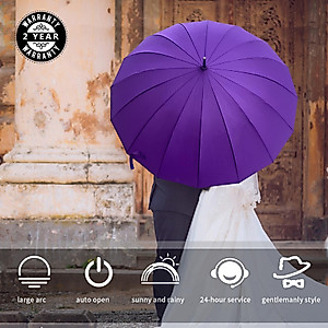 MRTLLOA 52 Inch Windproof Large Umbrellas for Rain, 16 Ribs, J Wooden Handle, 210T High-density Fabric Golf Stick Umbrella(52 Inch, Purple)
