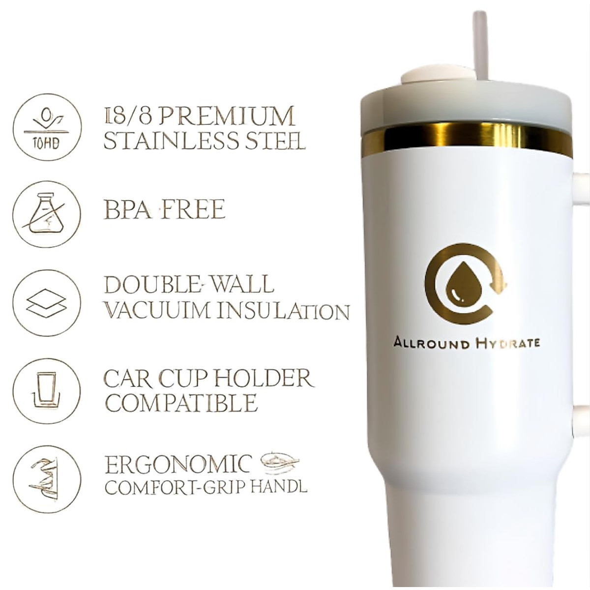 Allround Hydrate Luxury Gold plated 40oz Insulated Tumbler with Gripped Handle and straw