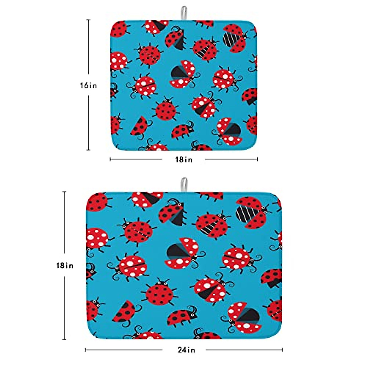 Dish Drying Mat for Kitchen Counter Absorbent Quick Drying Mat, Cute Ladybug Red Black Carapace Insect Dense Animal Blue