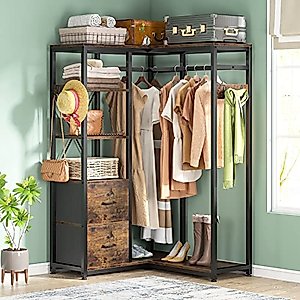 Tribesigns Corner Clothes Rack, L Shaped Garment Rack with Shelves and 2 Fabric Drawers, Industrial Freestanding Closet Organizer,Heavy Duty Clothing Rack for hanging clothes,Bedroom,Corner
