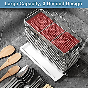 IWNTWY Utensil Holder, Stainless Steel Utensil Drying Rack with Drain Tray, Kitchen Counter Drainer Basket Silverware Cutlery Flatware Holder Forks, Knives, Spoons, Chopsticks Organizer (Silver)