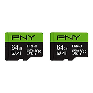 PNY 64GB Elite-X Class 10 U3 V30 microSDXC Flash Memory Card 2-Pack - 100MB/s, Class 10, U3, V30, A1, 4K UHD, Full HD, UHS-I, micro SD