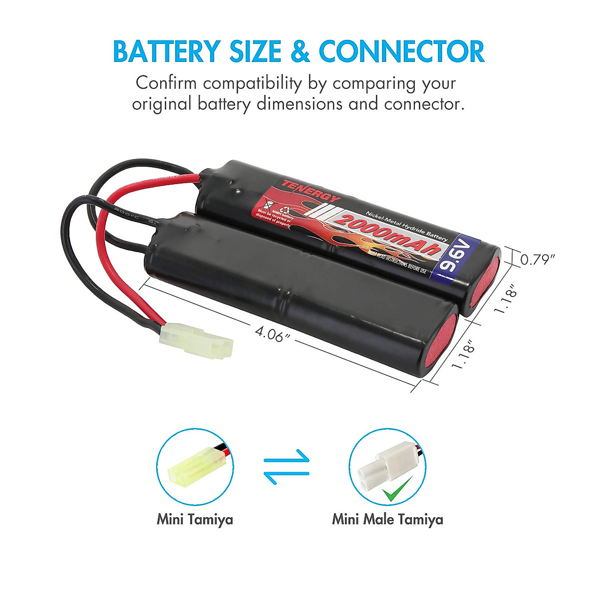 Tenergy 9.6V Airsoft Battery and Charger, 2000mAh NiMH Nunchuck Battery w/Mini Tamiya Connector for Airsoft Guns M249, M240B, M14, RPK, PKM, L85, AUG, G3