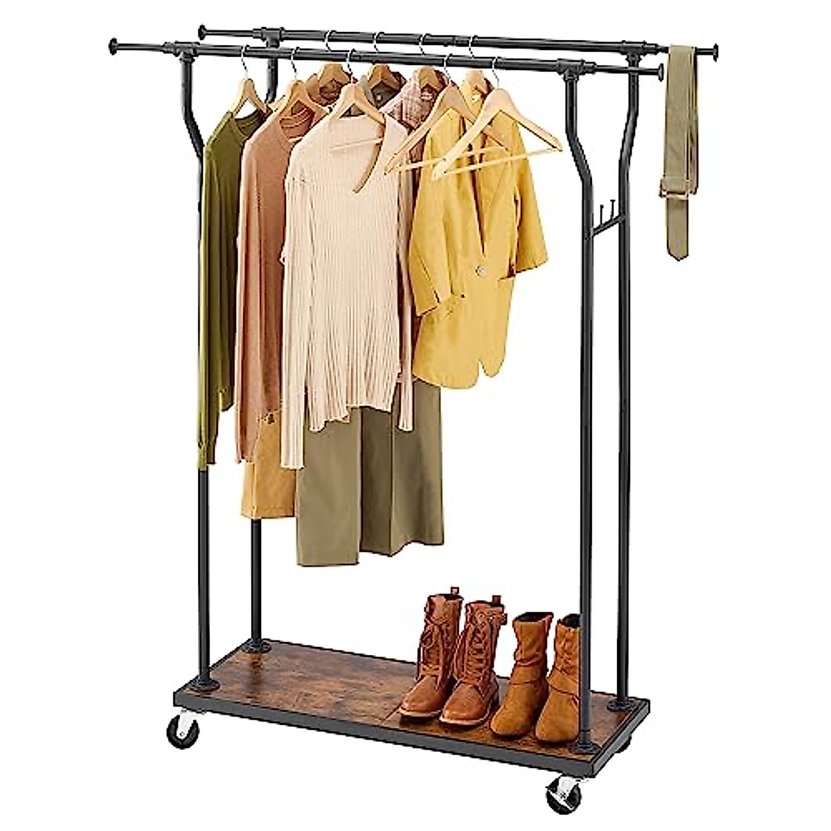 Hoctieon Heavy Duty Double Rod Clothing Racks for Hanging Clothes,Extensible Garment Rack With Wheels,Clothes Rack with Wooden Bottom Shelves
