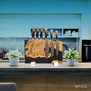 Seveat 15 inches Magnetic Knife Block – Double-Sided Wooden Magnetic Knife Holder with 3 Knife Magnet Bars, Stylish Kitchen Knife Storage Organizer & Stand for Countertops (Black)
