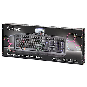 Manhattan Wired Membrane Gaming Keyboard –with Backlit RGB LED, Metal Base, IPX4 Splashproof, Phone Holder, 12 Multimedia Function Quiet Keys-for Computer, PC, Desktop, Gamer –3 Yr Mfg Warranty–180610