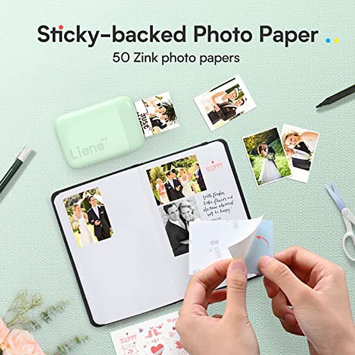 Liene Photo Printer, 2x3” Mini Portable Instant Photo Printer Bundle w/ 50 Zink Adhesive Paper, Bluetooth 5.0, Compatible w/iOS & Android, Small Picture Printer for iPhone, Smartphone, Green