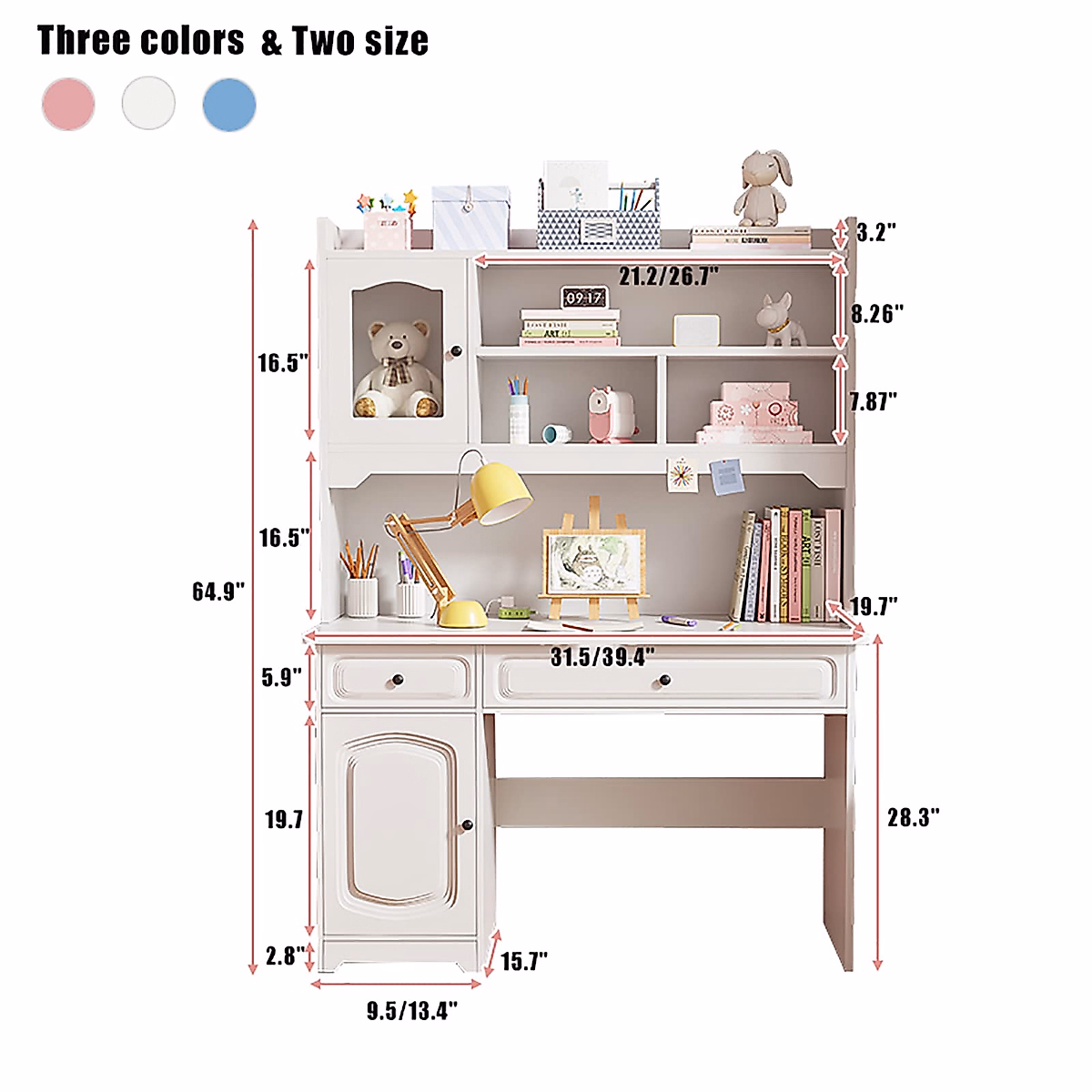 Study Desk with Hutch & Bookshelf & Drawers,Wooden Computer Desk Home Office Desk Teenager Desk,Cute Writing Study Desk Bookshelf Combo for Girl Boy(31.5inch, Pink)