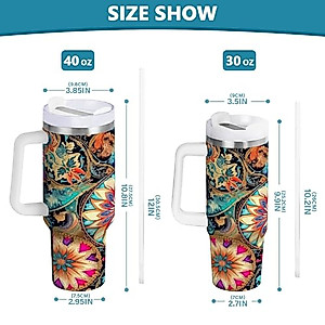 Jihqo Colorful Oriental Textile Tile 40 oz Stainless Steel Vacuum Insulated Tumbler with Handle and Straw Lid, Leakproof Water Bottle Double Wall Travel Mug Coffee Cup, Cupholder Friendly