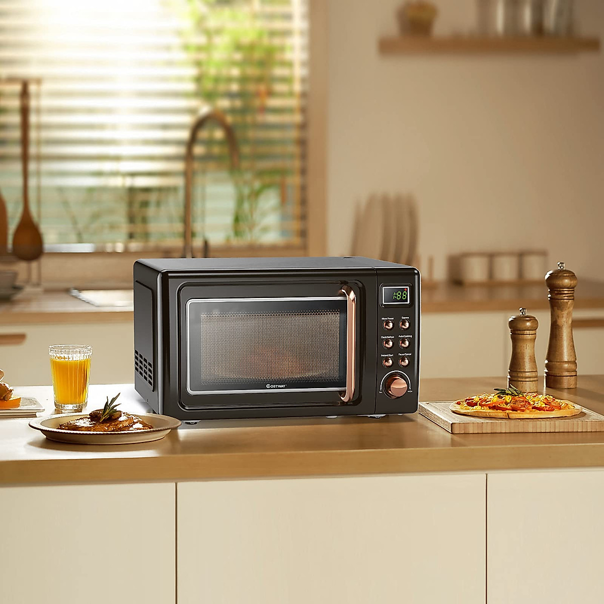 MAT EXPERT 0.7 Cu.ft Compact Microwave Oven, Digital Timing & Child Lock, Small Microwave w/Glass Turntable & 6 Preset Buttons, Delayed Start Function, 700W Mini Microwave w/5 Micro Power (Golden)
