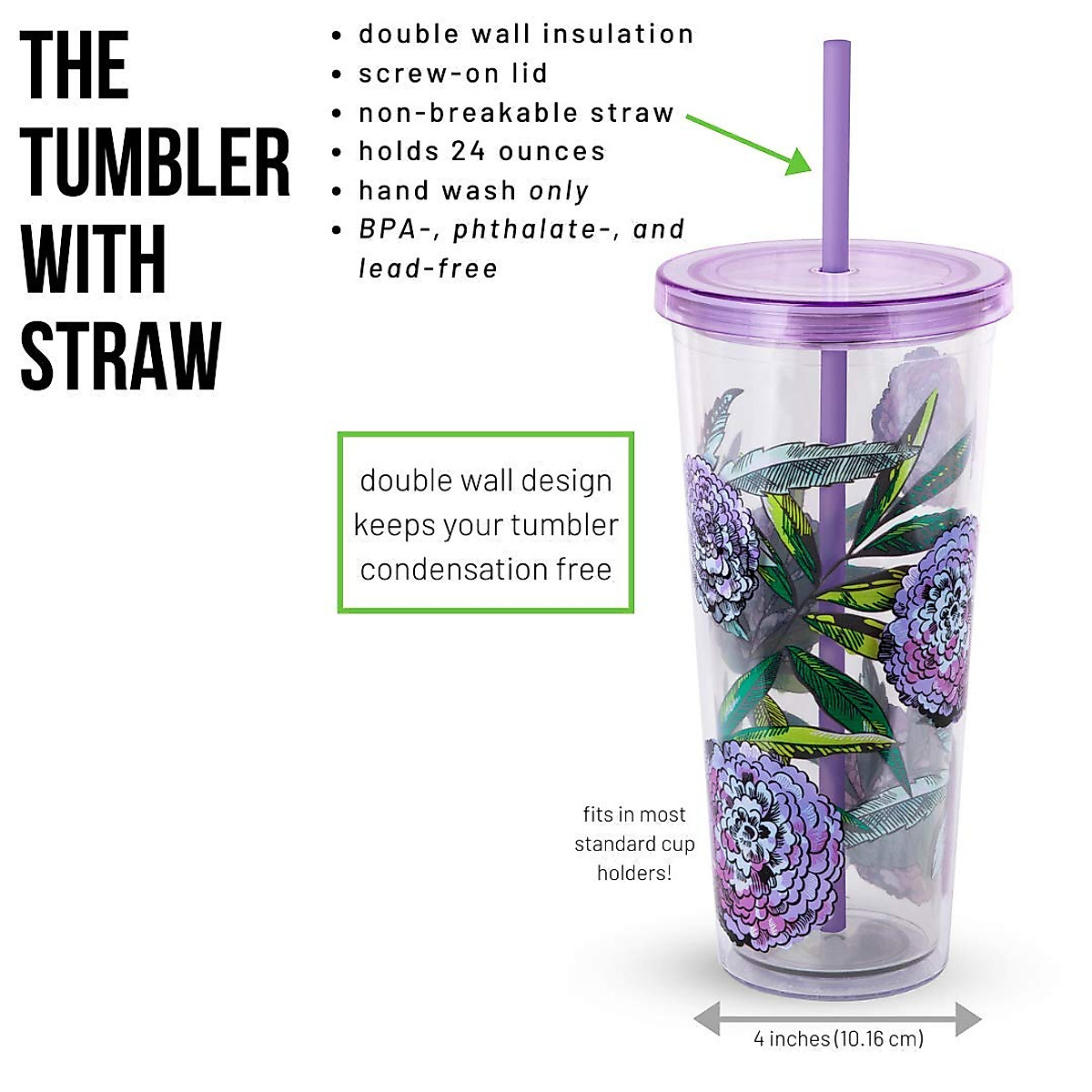 Vera Bradley Travel Tumbler with Lid and Straw, 24 Ounce Insulated Cup, Purple Floral Plastic Double Wall Tumbler, Lavender Meadow
