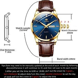 OLEVS Blue Men Leather Watch,Mens Watch Brown Leather,Mens Watch with Date and Day,Mens Watches Classic,Leather Band Watches for Men,Casual Men Watch Waterproof, Watch Men,Dress Mens Watch