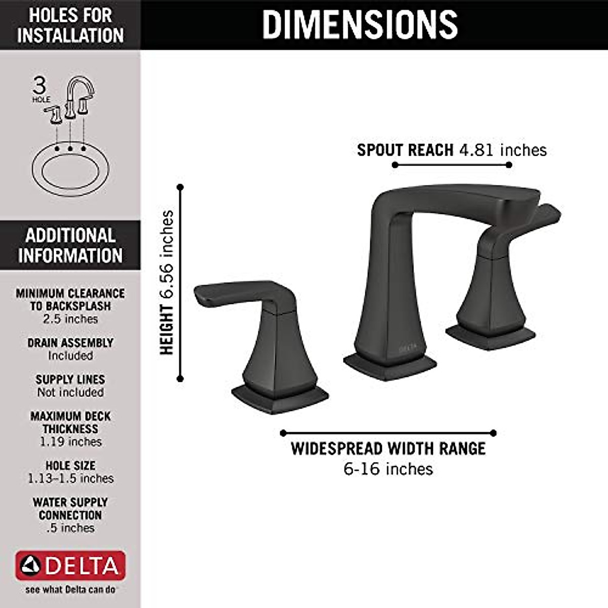 Delta Faucet Vesna Widespread Bathroom Faucet 3 Hole, Drain Assembly, Worry-Free Drain Catch, Matte Black 35789LF-BL