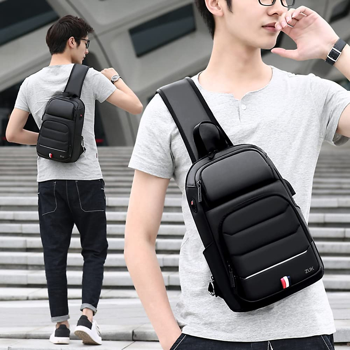 ZUK Sling Backpack for Men Waterproof Shoulder Crossbody Bag Chest Bag with USB Charging Port Small Sling Bag Fits 9.7 Inch Ipad