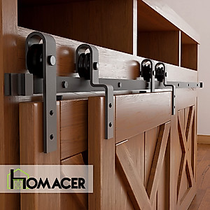 Homacer Mini Black Rustic Single Track Bypass Sliding Barn Door Hardware Kit, for Four Doors, 120-inch Long Flat Track, Classic Design Roller (Two Flat +Two Bent), Cabinet TV Stand Use