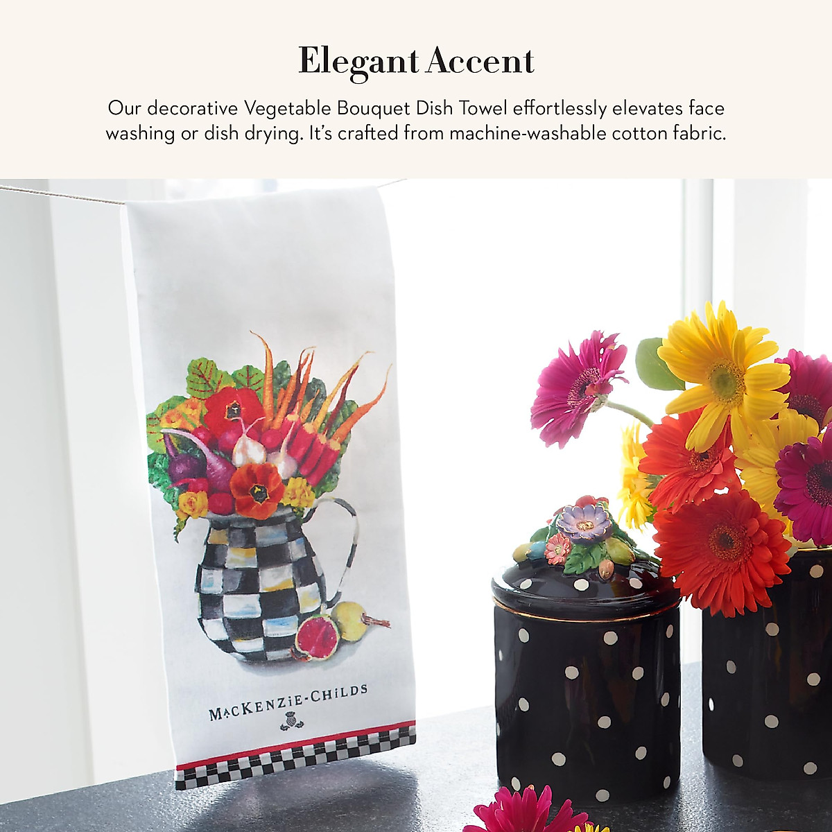 MACKENZIE-CHILDS Cotton Dish Towel, Cute Decorative Kitchen Dish Towel for Cleaning and Home Decor, Set of 1, Vegetable Bouquet