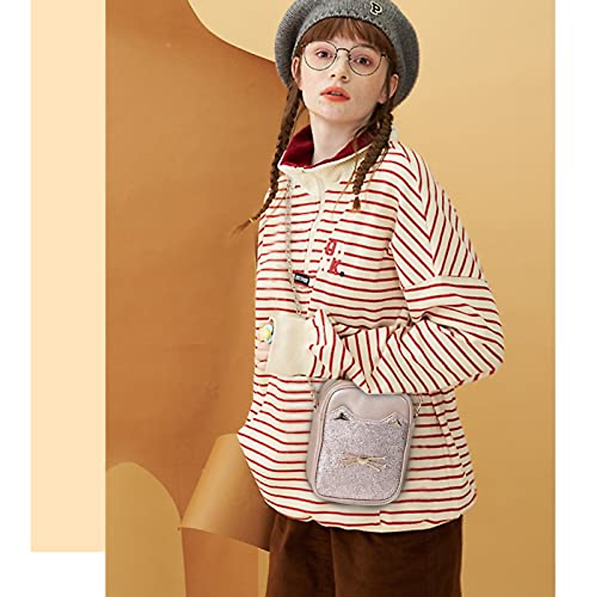 Cute Crossbody Purse for Teen Girls Sparkly Cat Purse and Small Crossbody Bags for Women Gift with Chain Strap