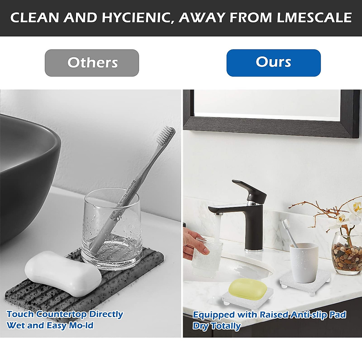 4Pack Water Absorbent Diatomite Coasters, Instant Dry Sink Organizer Water Absorbing Stone Tray Diatomaceous Earth Soap Dish Toothbrush Holder Stone Drying Mat for Bathroom Kitchen Sink Countertop (L)