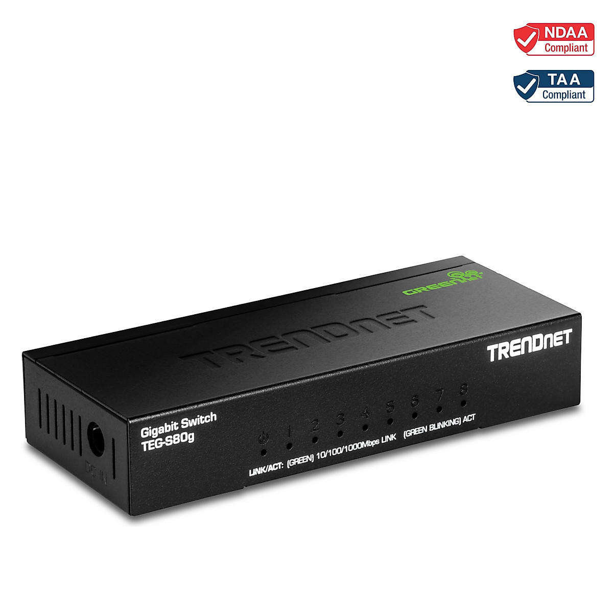 TRENDnet 8-Port Mini Gigabit Switch, TEG-S80g, GREENnet Technology, NDAA + TAA Compliant, Desktop Metal Ethernet Network Switch, 8 x Gigabit Ports, Fanless, Lifetime Protection, Black