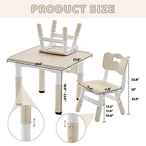 DOREROOM Kids Table and 2 Chairs Set, Height-Adjustable Toddler Table and Chairs Set with Graffiti Desktop, 23.6''L x 23.6''W Children Activity Table for Daycare, Classroom, Home