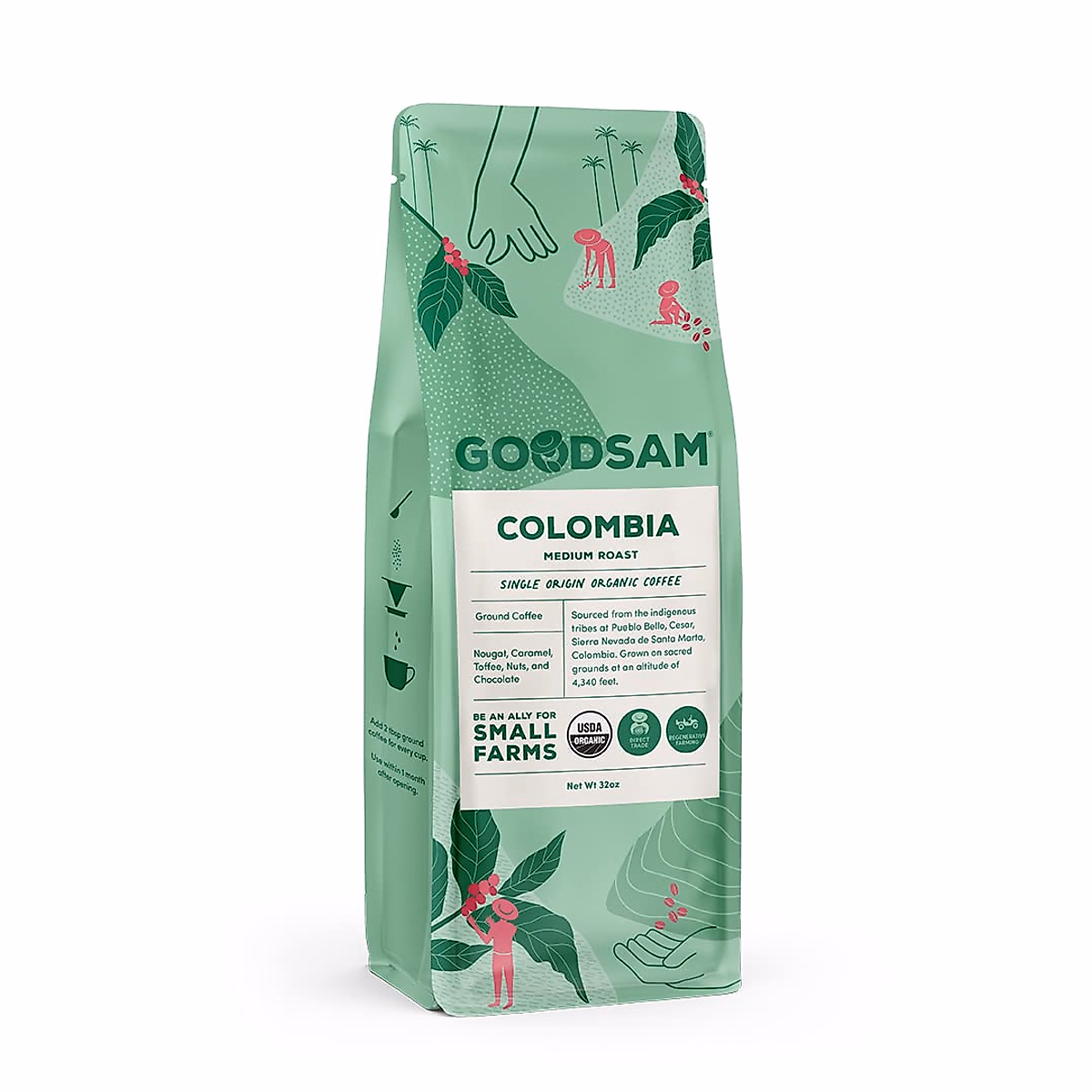 GoodSAM Organic Ground Coffee, Medium Roast 2 lb, Colombian Single Origin, Non GMO Arabica Beans, Vegan, Keto, Regenerative Farming, Direct Trade