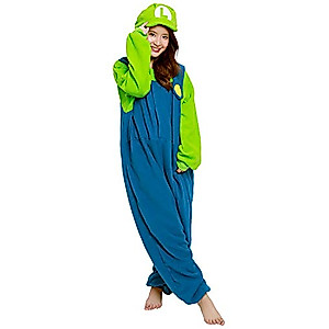 SAZAC Kigurumi Super Mario Bros Luigi - Onesie Jumpsuit Halloween Costume (One Size) Blue/Green