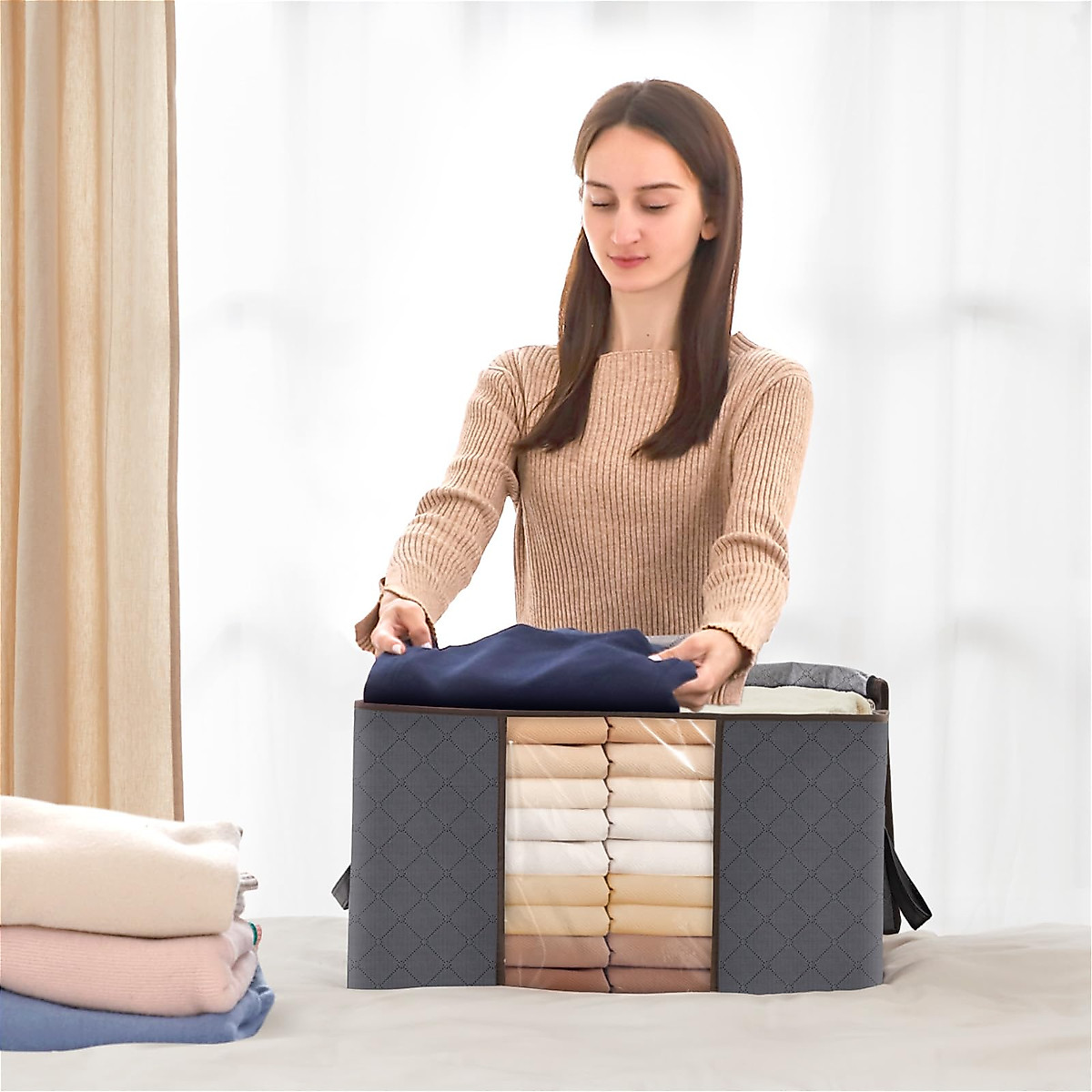 Lifewit Large Capacity Clothes Storage Bag Organizer with Reinforced Handle Thick Fabric for Comforters, Blankets, Bedding, Foldable with Sturdy Zipper, Clear Window, 3 Pack, 90L, Grey