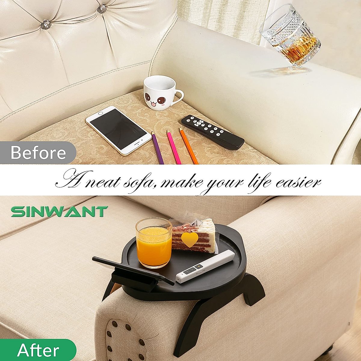 SINWANT Sofa Armrest Tray, Clip On Couch Arm Table, Foldable Sofa Arm Tray with 360° Rotating Phone Holder,Side Tables,TV Trays, Sofa Table for Eating and Drink Table