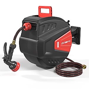 Ecomax ELG01 1/2in. x 100ft Garden Hose Reel, Retractable Reel Storage with Any Length Lock, Slow Return System, 9 Patterns Adjustable, Wall-mounted & 180° Swivel Bracket for Watering, Black & Red