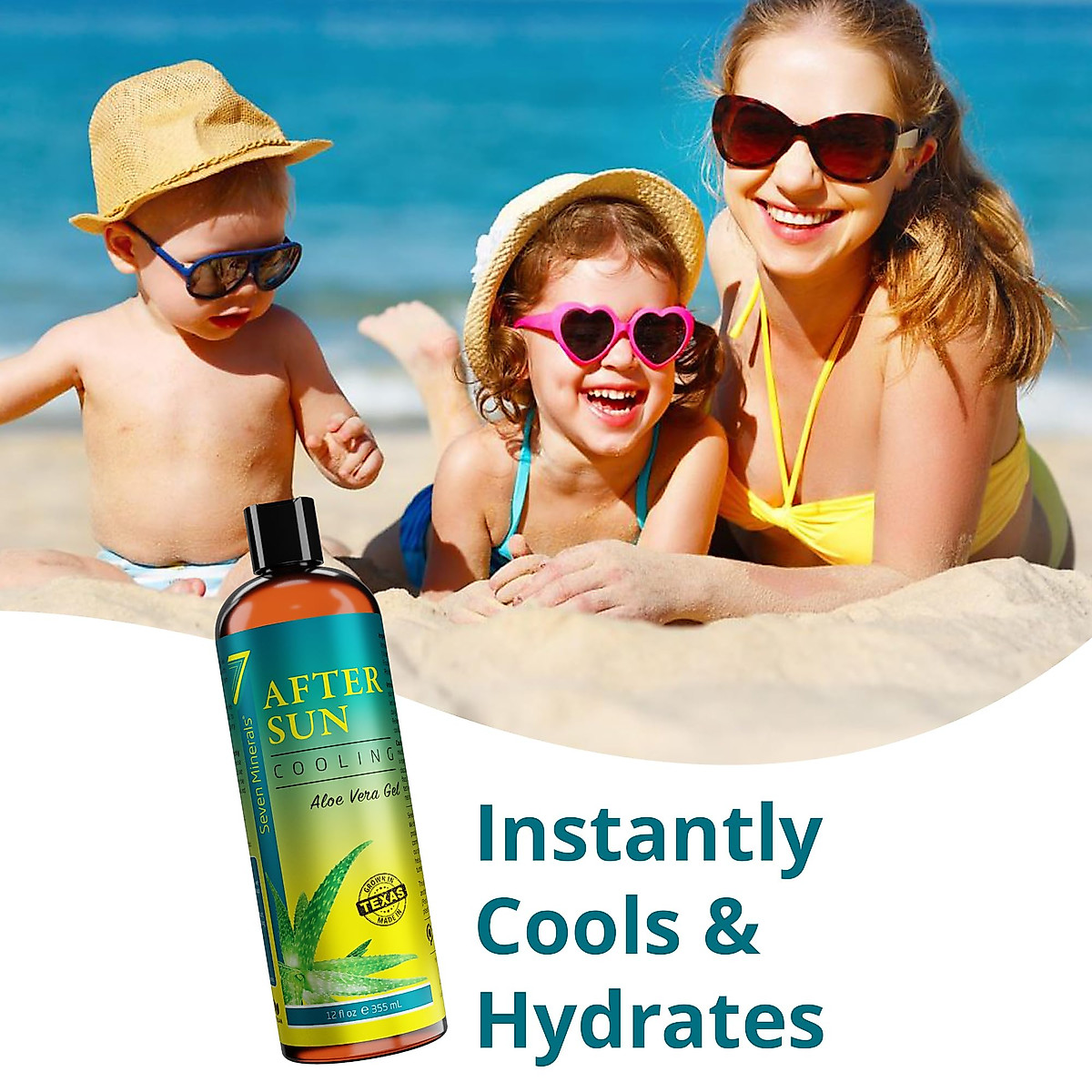 Seven Minerals NEW Cooling After Sun Gel with Aloe Vera - For Skin & Face with Instant Sunburn Relief. Unlike Regular Aftersun Lotion With Cucumber & Vitamin E (12 Fl Oz)