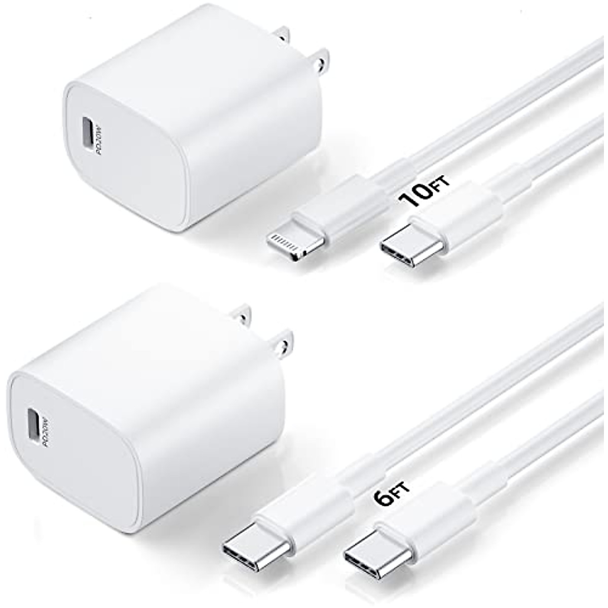 [Apple MFi Certified] iPhone 15/15 Pro/15 Max/15 Pro Max Fast Charger 2Pack, 20W PD Fast Type C Wall Charger with 6.6FT USB C Cable&10ft USB C to Lightning Cable, Fast Charger Block for iPhone/iPad