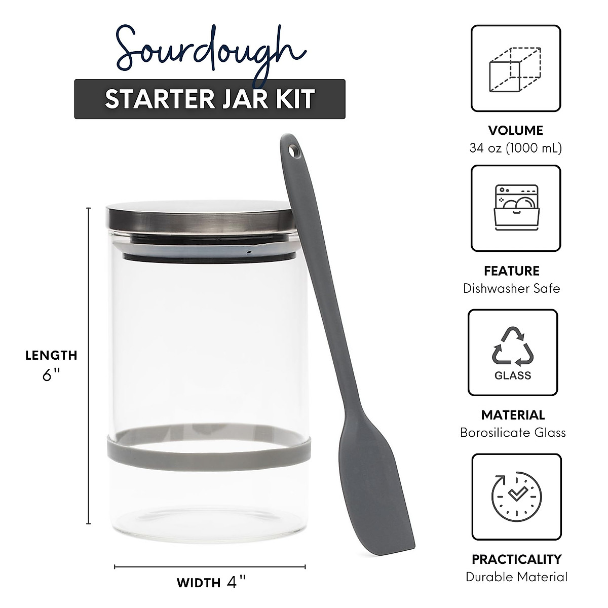 Alvina Collection Sourdough Starter Jar Kit (34 oz) - Large Sourdough Glass Jar w/SS Steel Lid, Spatula & Tracker Band - Dishwasher Safe, Wide Mouth Sourdough - Ideal Sourdough Starter Kit Beginners
