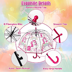 Wxjiahetai Kids Clear Bubble Umbrella Transparent Dome See Through Child Umbrellas for Rain Boys Girls with Pinch-Proof Closure and Easy-Grip Hook Handle(Clear Red Unicorn)