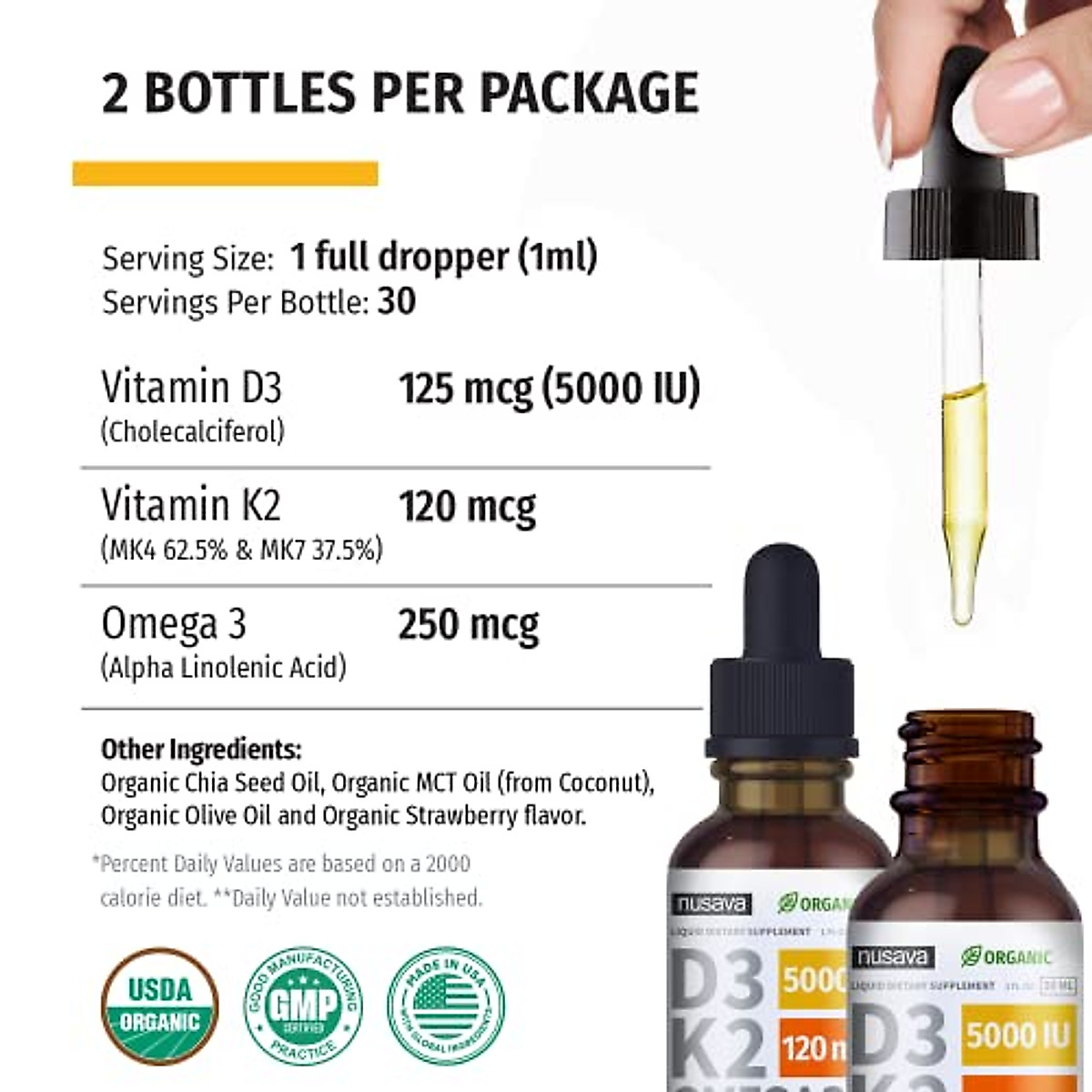 (2 Pack) Organic Vitamin D3 K2 Drops w MCT Oil Omega 3, 5000 IU, Maximum Strength Vitamin D Liquid 5000 IU, No Fillers, Non-GMO Liquid D3 for Faster Absorption, Immune Support (Strawberry, 2 Fl Oz)