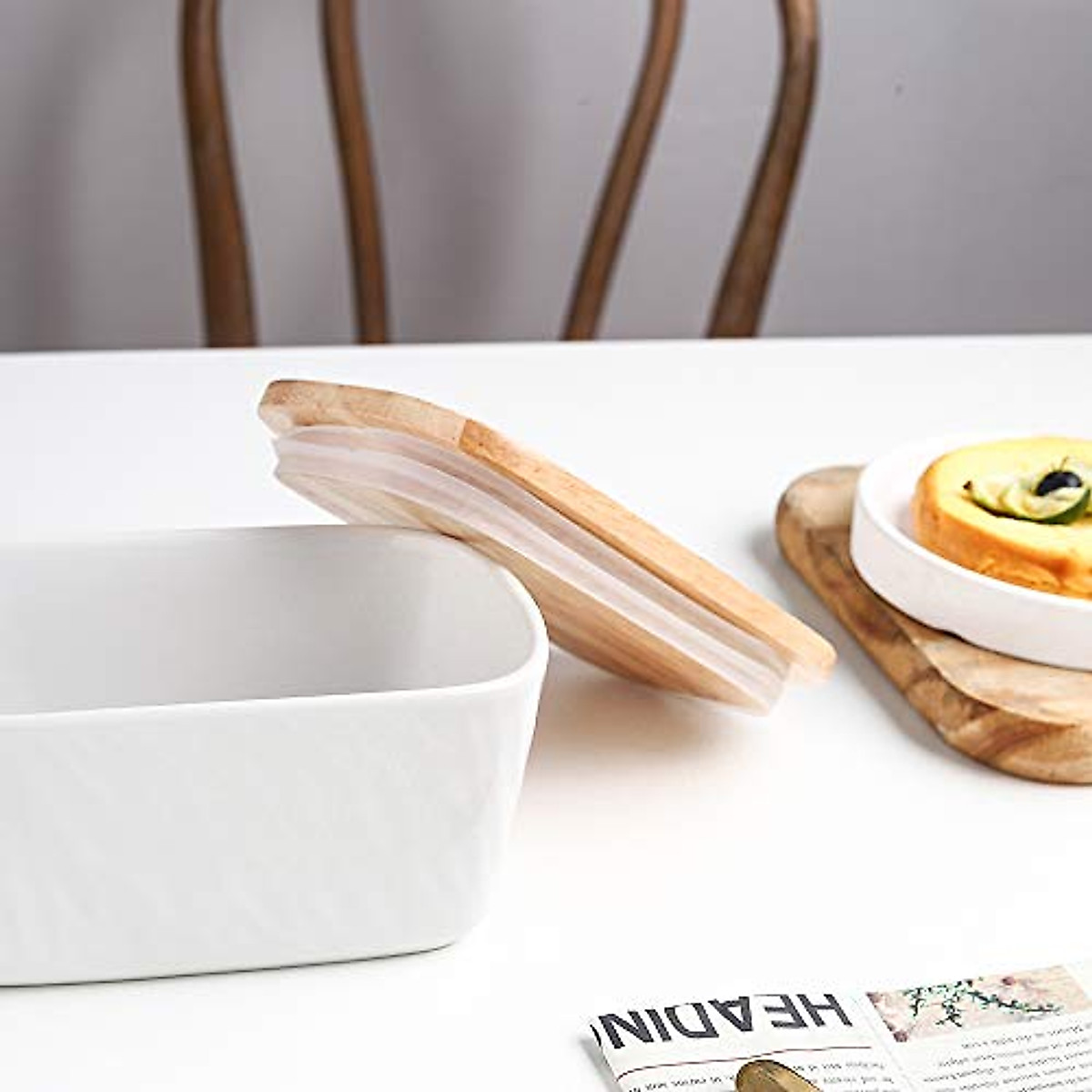 KOOV Porcelain Large Butter Dish with Lid for Countertop, Airtight Butter Container with Oak Lid, Butter Crock, Perfect for 2 Sticks of Butter, Texture Series (White)