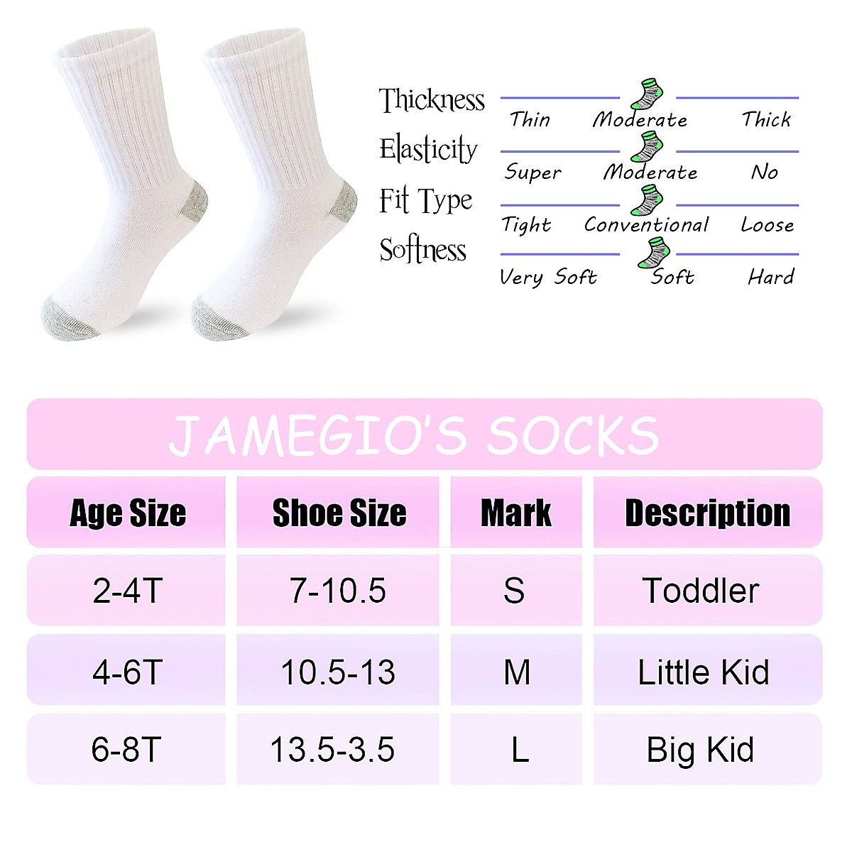 JAMEGIO Boys' Crew Socks 6 Pairs Cotton Athletic Socks for Toddlers Boys Girls(2-4 T)