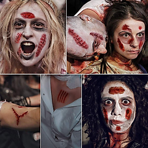 Scar Tattoos Temporary Halloween Makeup Tattoos Body Face Scar Realistic Temporary Zombie Tattoos Fake Bloody Wound for Halloween Cosplay Party Masquerade Costume Makeup Props (30 Sheets)
