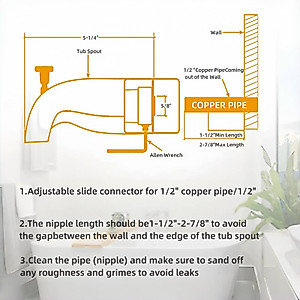 Bathtub Faucet Easy to Install Tub Spout with Diverter,American Standard Tub Faucet Replacement Fits 1/2" Copper Water Tube(5/8" Diameter) with Hex Wrench Chrome Finish
