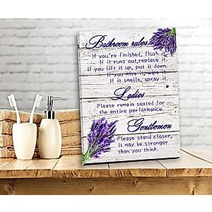 Ladies and gentlemen Bathroom Rules canvas Wall Decor, Lavender purple theme Bathroom Decor Wall Art,Farmhouse Toilet Wall Decor,Rustic Bathroom Funny Rules Prints Signs Framed 12"x15"
