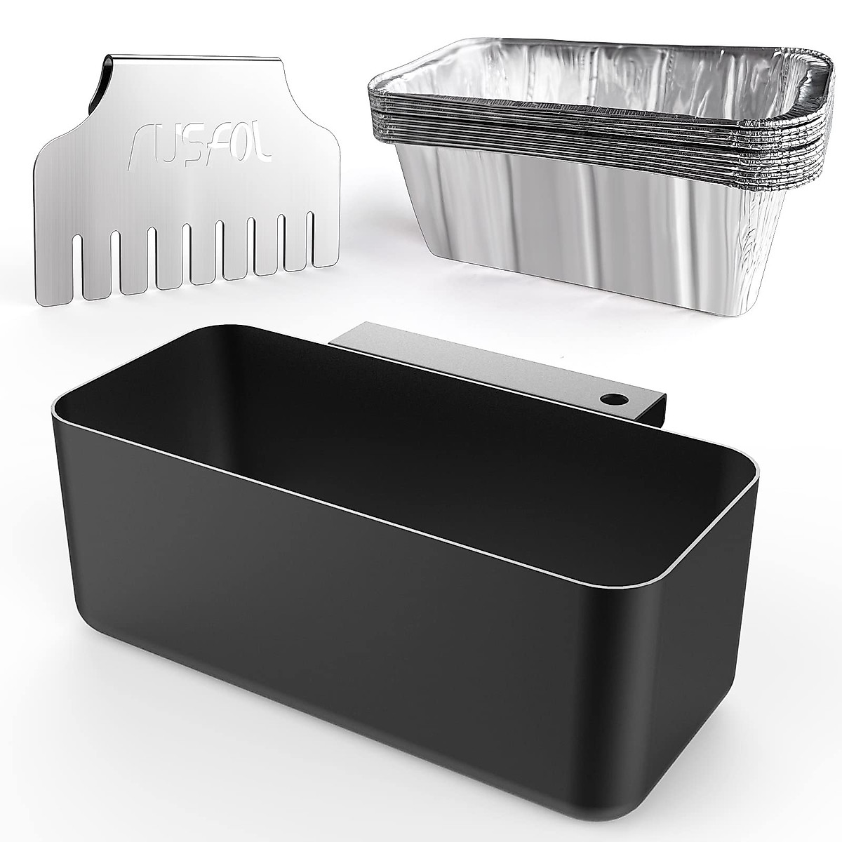 RUSFOL 3-in-1 Grease Catcher Pan with Stainless Steel Mesh Screen Grease Gate and 10 Pcs Aluminum Drip Pans Liner for 28"/36 Blackstone Griddles, Free from Drill&Easy Install BBQ Accessories