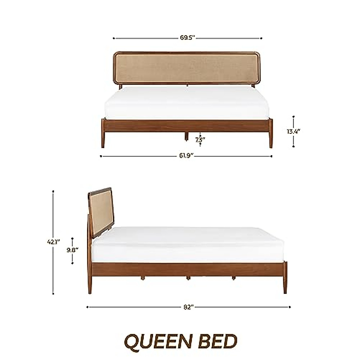 NTC Lupin Wooden Bed Frame with Headboard, Crafted from Walnut, Rubber Wood with Silent Slats and Wood Central Supports, 1000 Lb Capacity, Effortless Assembly, Queen - Dark Walnut
