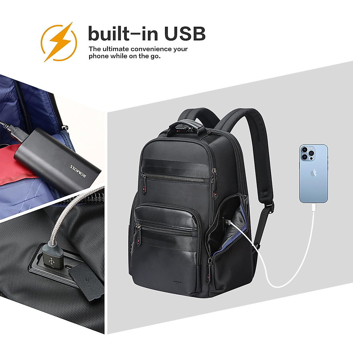 BOPai 30L Travel Backpack for Men Business Laptop Backpack 15.6 inch Computer bagpack with USB Charging Water-Resistant Rucksack Black