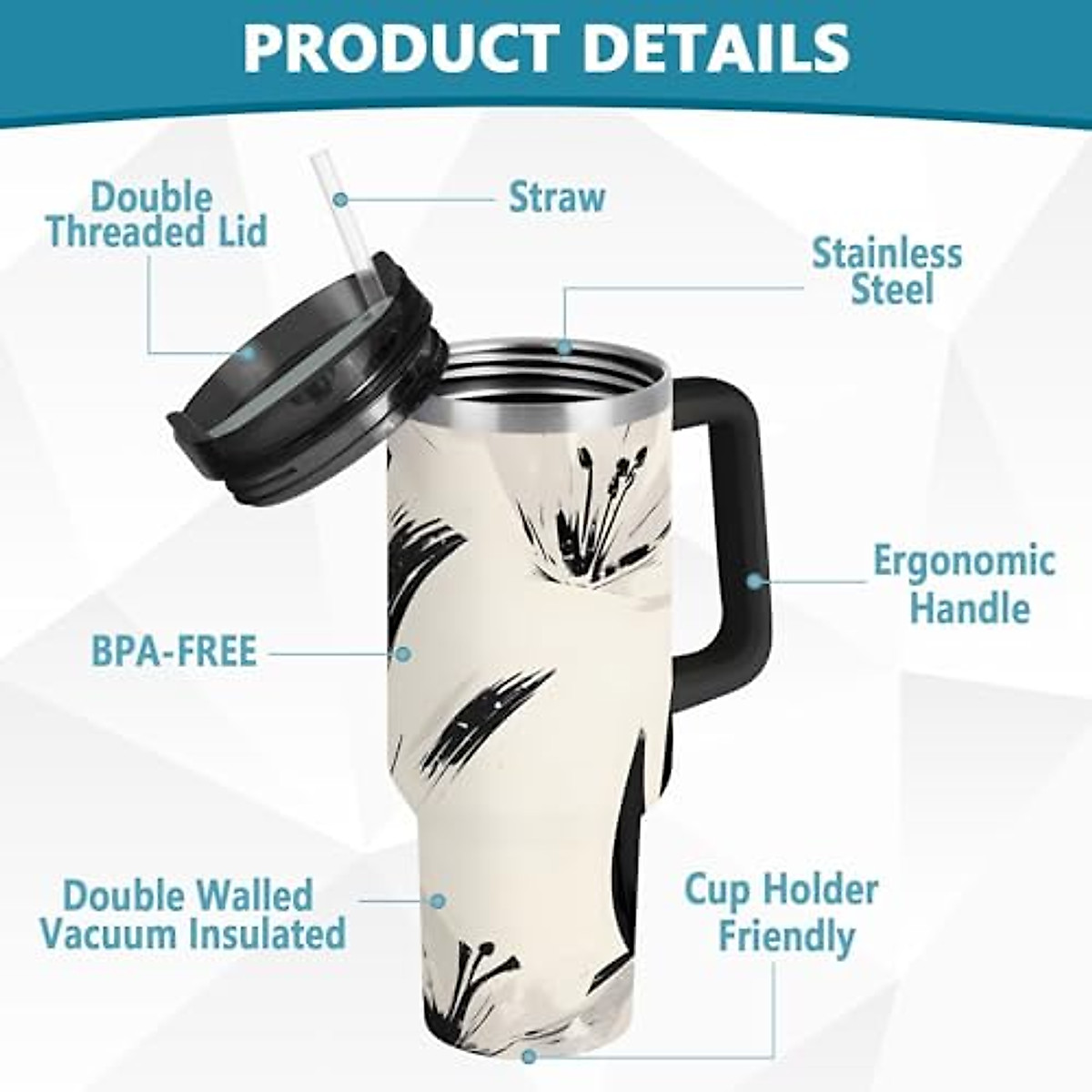 Bokkoy Ink Painting Lily 40 oz/30 oz Tumbler with Handle and Straw Stainless Steel Tumbler with Lid Reusable Vacuum Insulated Cup